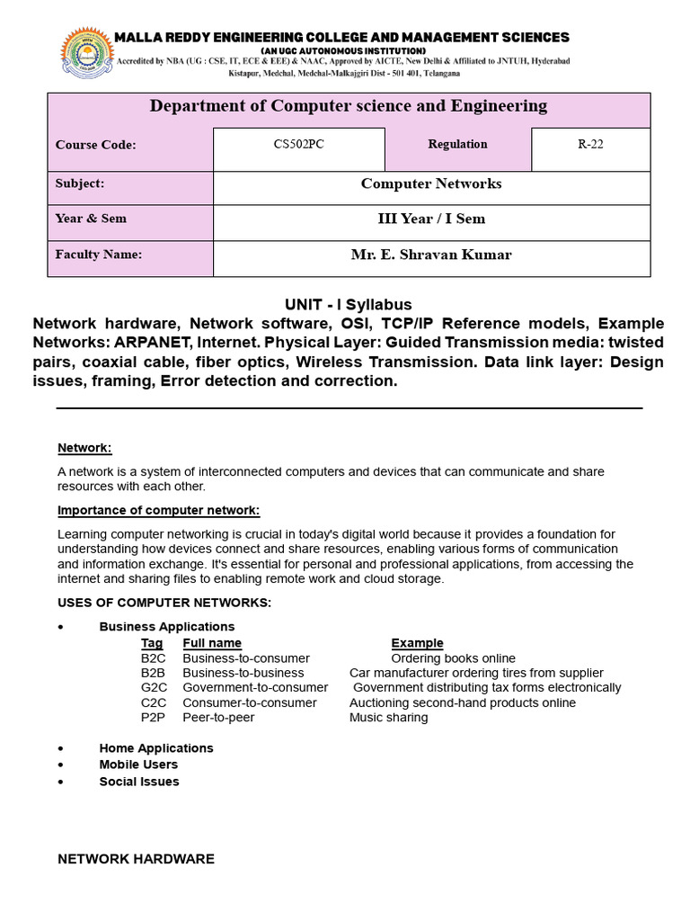 Computer Networks Notes Unit 1 Full Notes | PDF | Computer Network ...