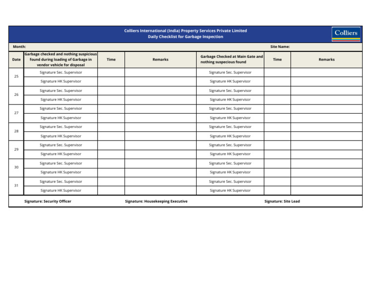 Garbage Inspection Checklist Logbook | PDF