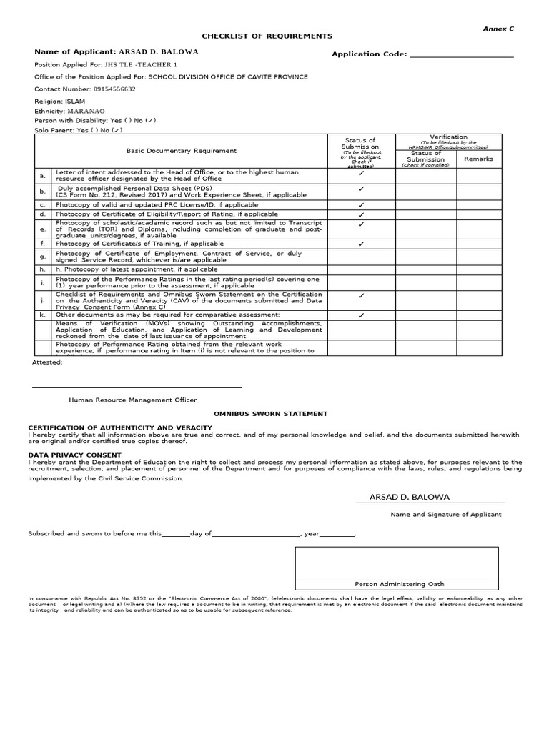 Arsad ANNEX C Checklist of Requirements and Omnibus Sworn Statement VCC ...