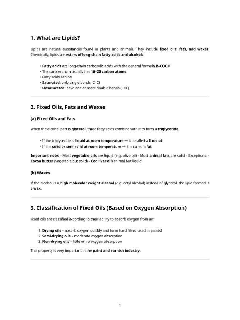 Lipids - Fixed Oils, Fats and Waxes (Easy Notes) | PDF | Triglyceride | Fat