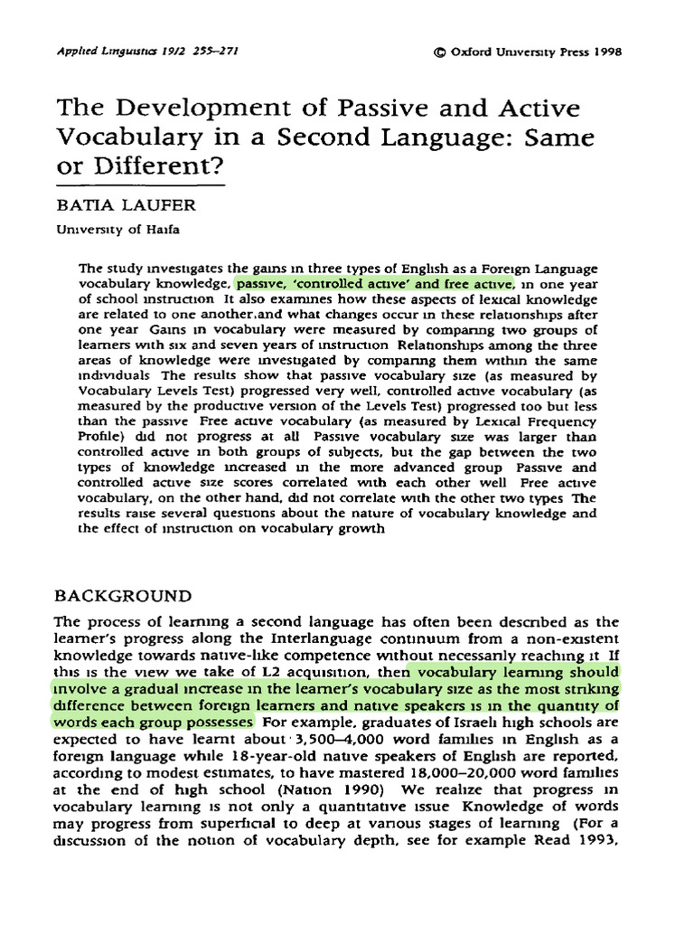 The Development of Passive and Active Vocabulary in a Second Language ...