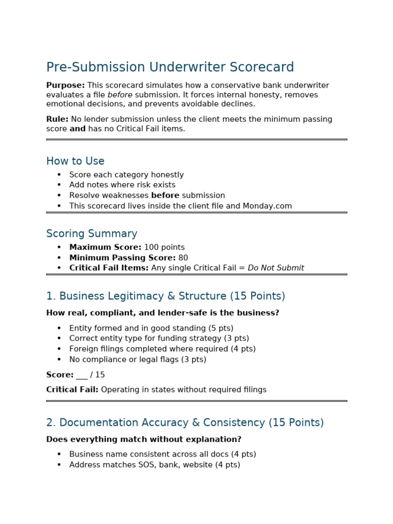 Pre-submission Underwriter Scorecard | PDF | Underwriting | Banks