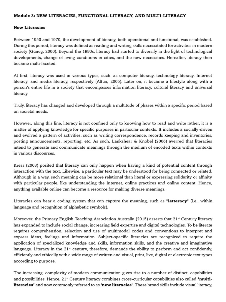 New Literacies, Functional Literacy, And Multiliteracy Written Report ...