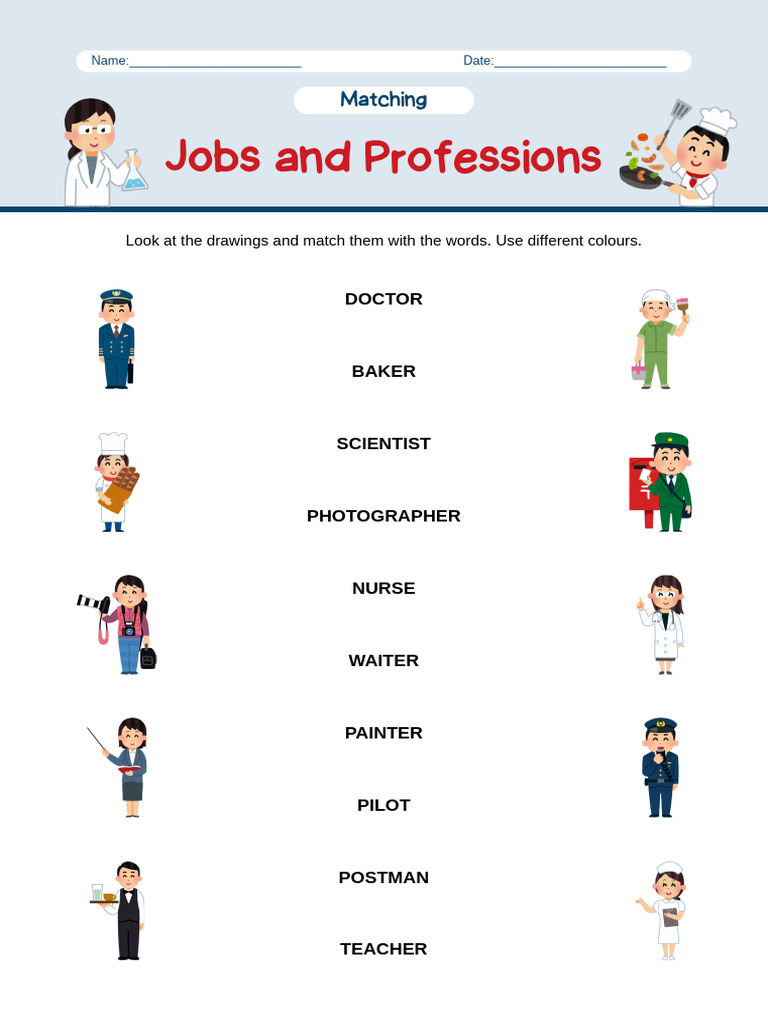 Jobs and Professions Matching Vocabulary Worksheet Simple Style (1) | PDF