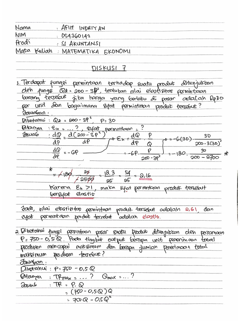 Afiif Indriyan_054360142_Matematika Ekonomi_Tugas Diskusi 7 | PDF