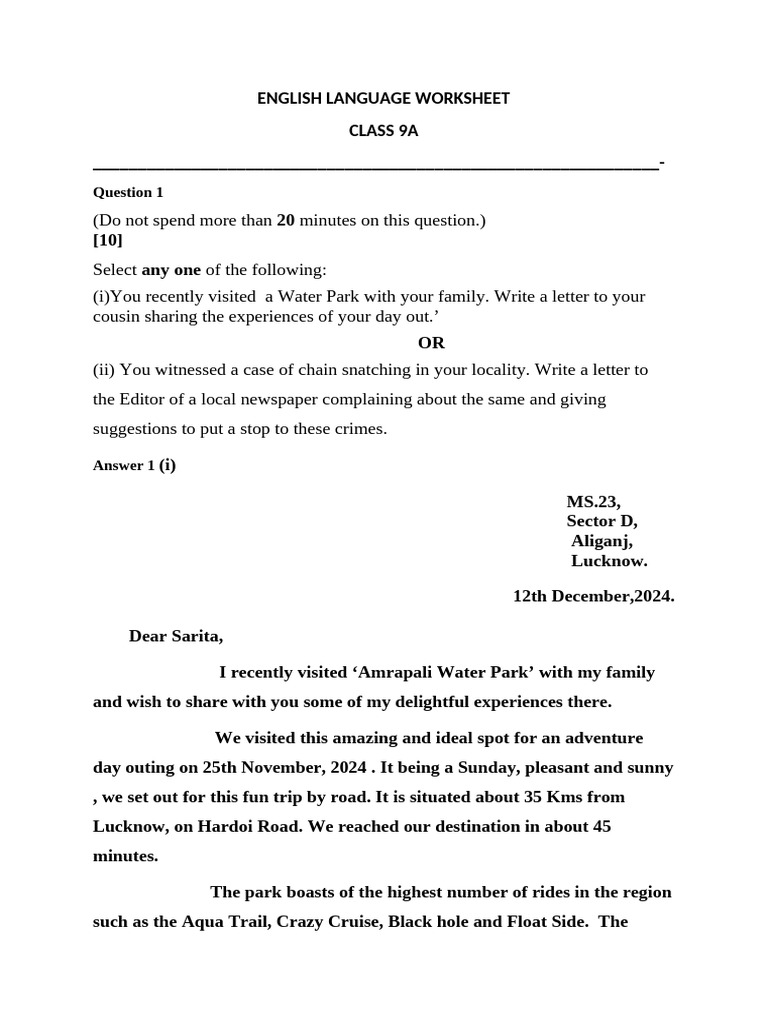 Complete English Worksheet-Class 9 | PDF