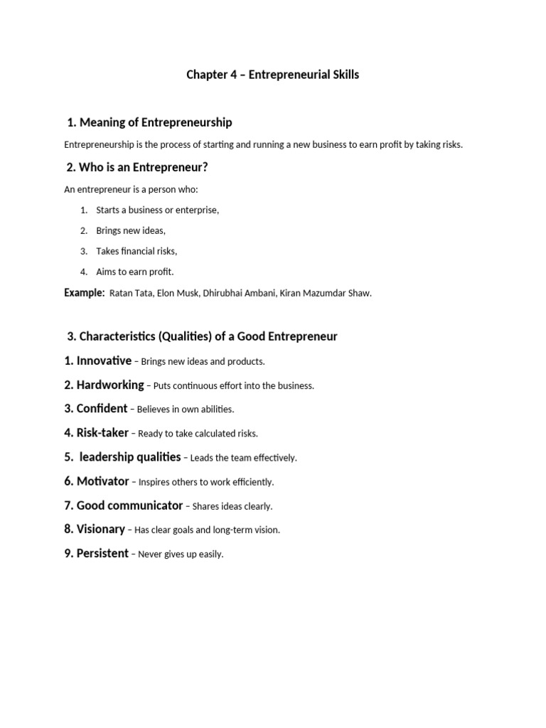 Chapter 4 - Entrepreneurial Skills | PDF | Entrepreneurship | Small ...