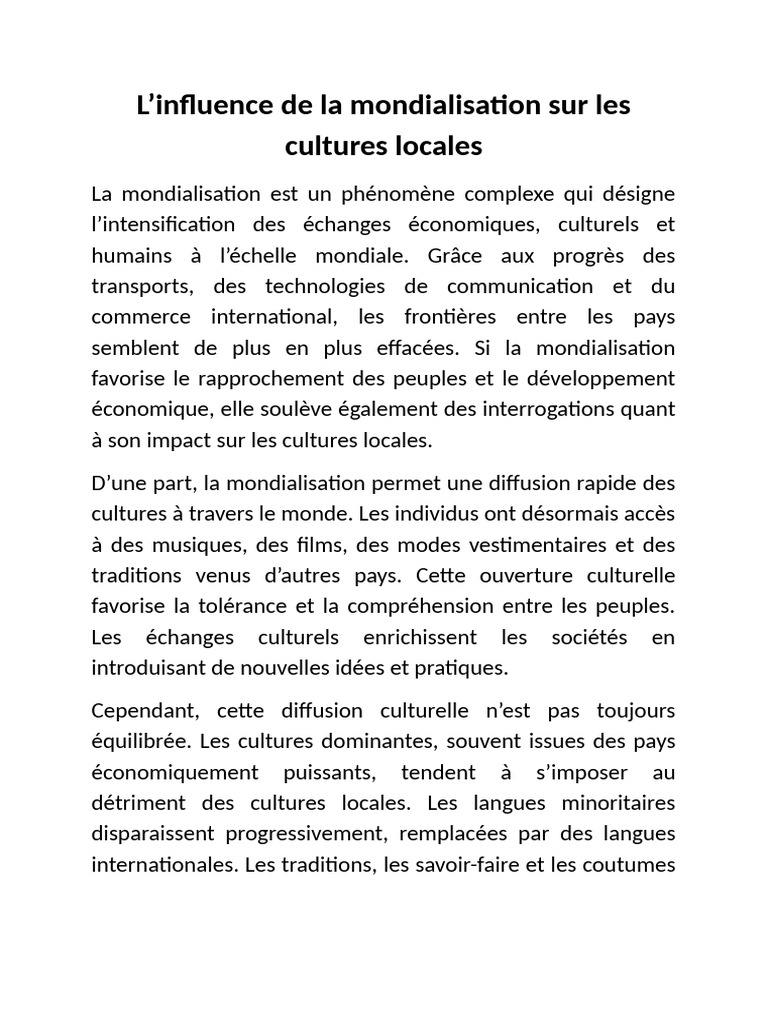 L'Influence de La Mondialisation Sur Les Cultures Locales | PDF ...