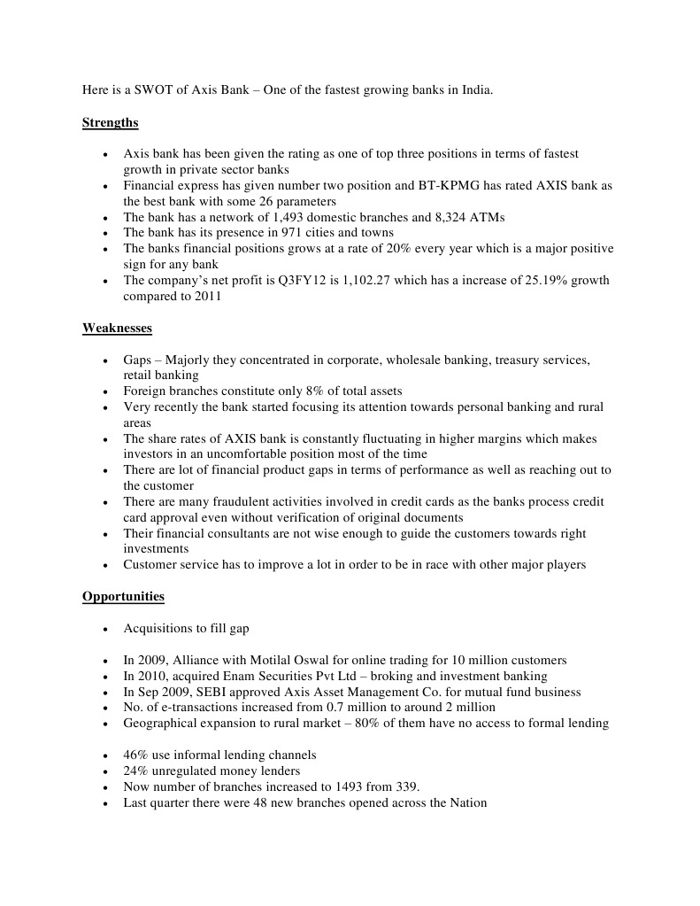 Axis Bank SWOT Analysis 2024 | PDF | Banks | Financial Services