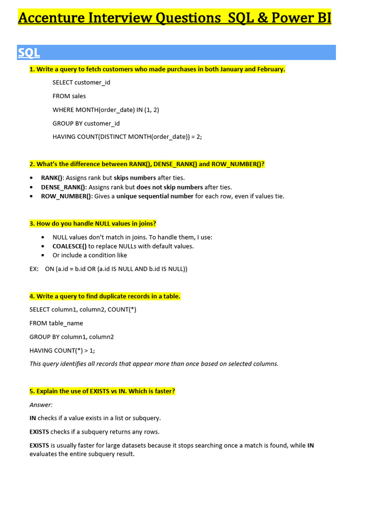 Accenture Interview Questions SQL & Power BI | PDF | Computer Data ...