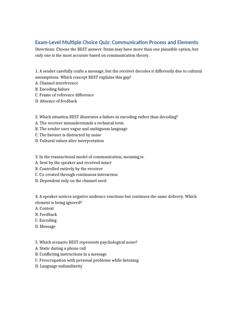Exam Level Communication Process Quiz | PDF | Communication ...