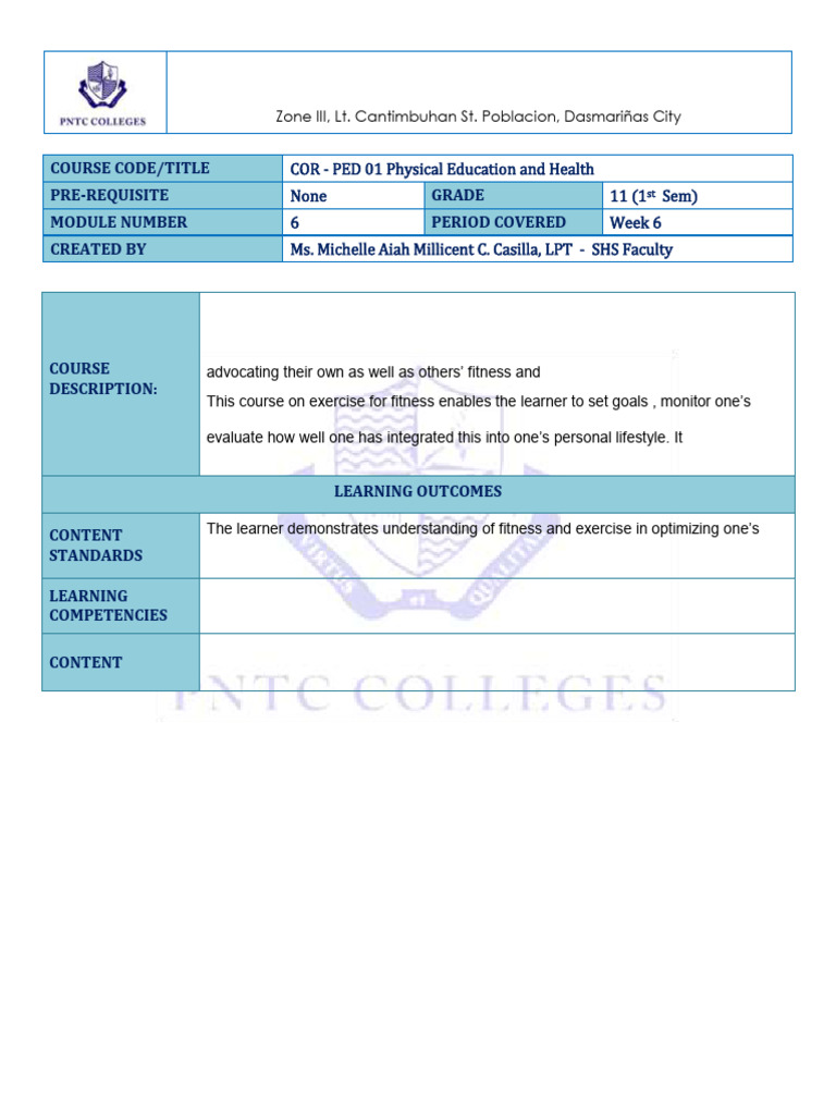 MOD-COR-PED01-6 | PDF | Learning | Physical Fitness