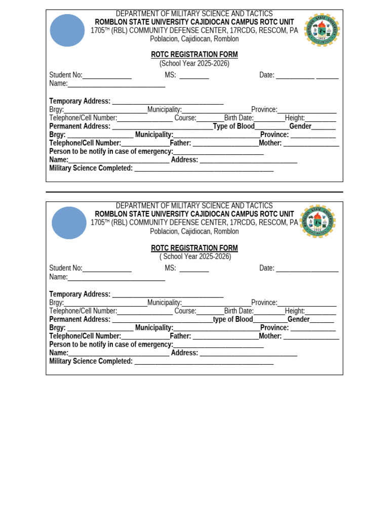 Rotc Registration Form | PDF