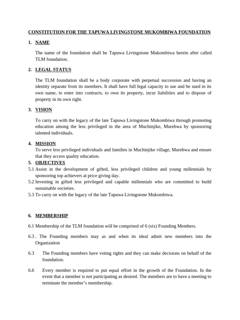 DRAFT CONSTITUTION FOR THE TAPUWA LIVINGSTONE MUKOMBIWA FOUNDATION ...