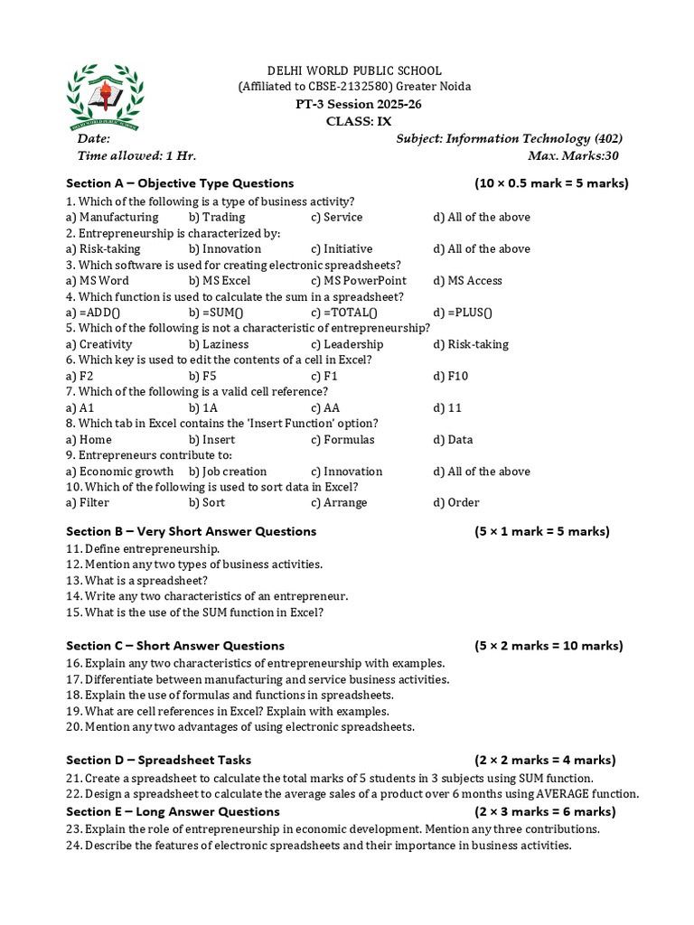 Class IX IT 402 Question Paper | PDF | Microsoft Excel | Spreadsheet
