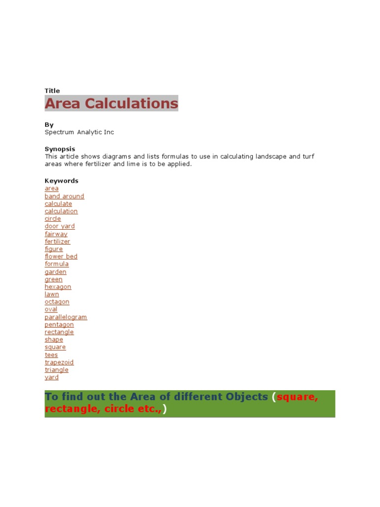 Area Calculations For Different Forms | PDF | Area | Geometric Objects