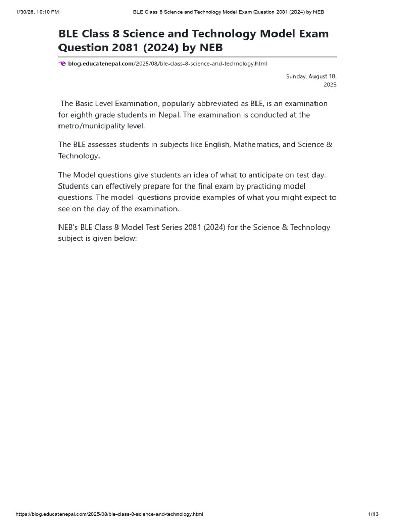 BLE Class 8 Science and Technology Model Exam Question 2081 (2024) by ...