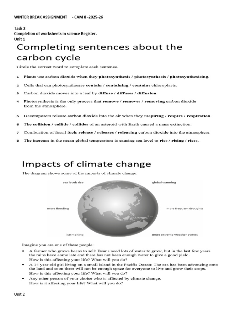 Cam 8 Winter Break Assignment-science -25!26!20.12.25 | PDF