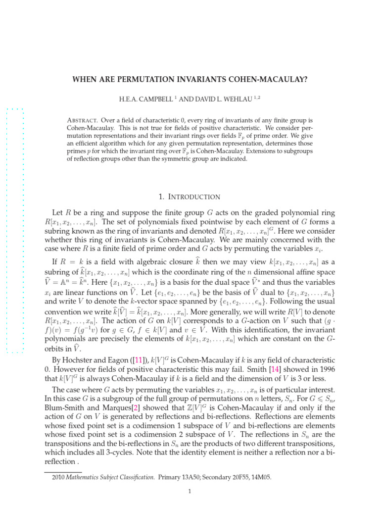When Are Permutation Invariants Cohen-Macaulay | PDF | Ring (Mathematics) | Field (Mathematics)