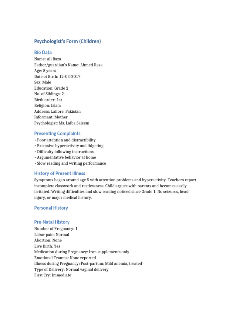 Child Case Report Full Format | PDF | Attention Deficit Hyperactivity ...