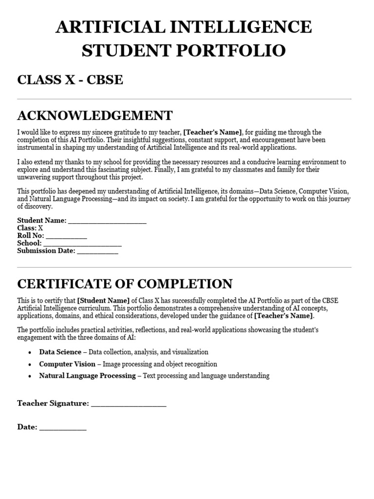 Class 10 AI Student Portfolio | PDF | Artificial Intelligence ...