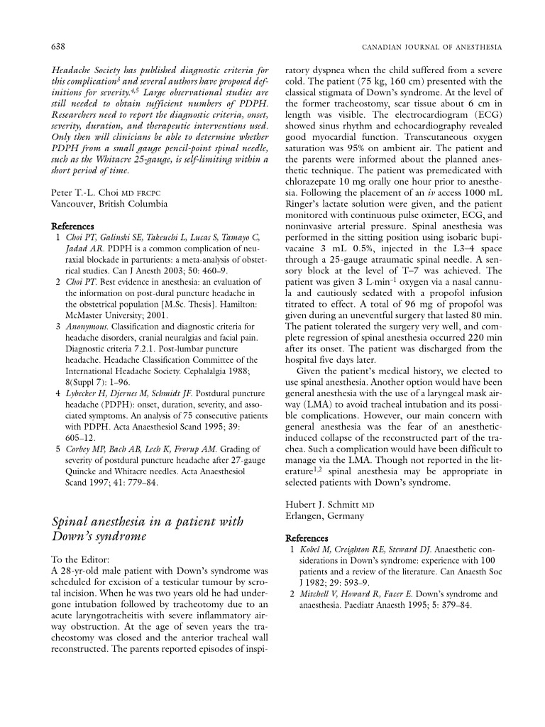 Spinal Anesthesia in A Patient With Downs Syndrom | PDF | Anesthesia ...