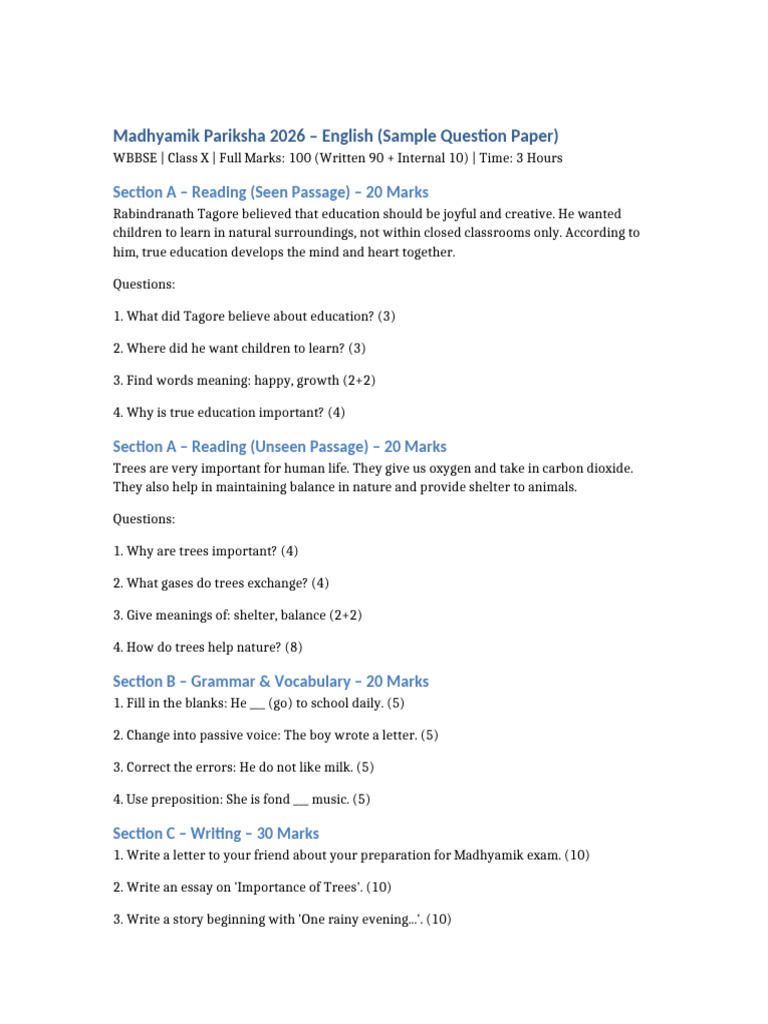 Madhyamik 2026 English Sample Paper | PDF