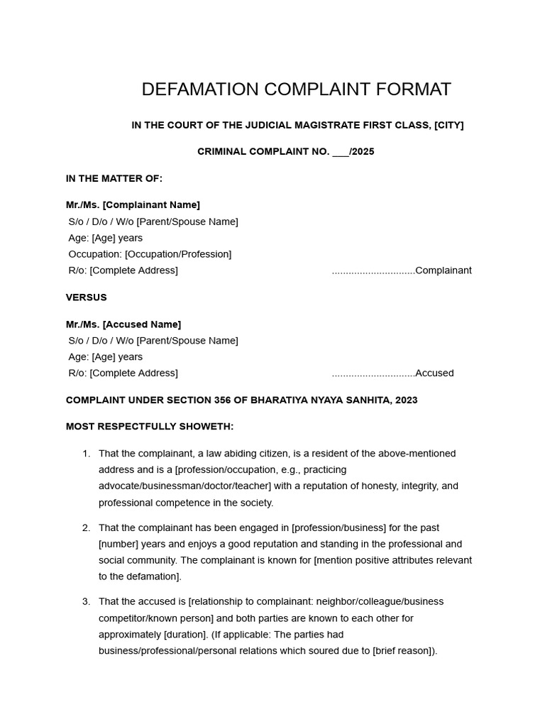 Defamation Complaint Format | PDF | Defamation | Public Law