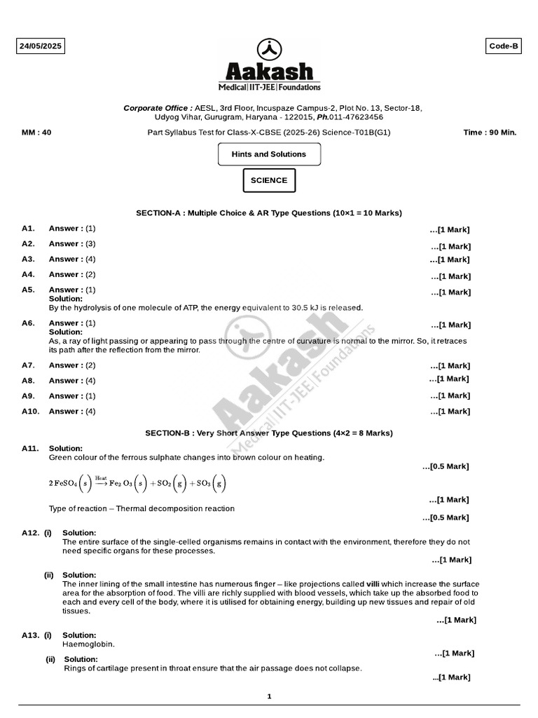 PST-1B (CBSE_G-1) Science (C-10) (24-05-2025)_SOL | PDF