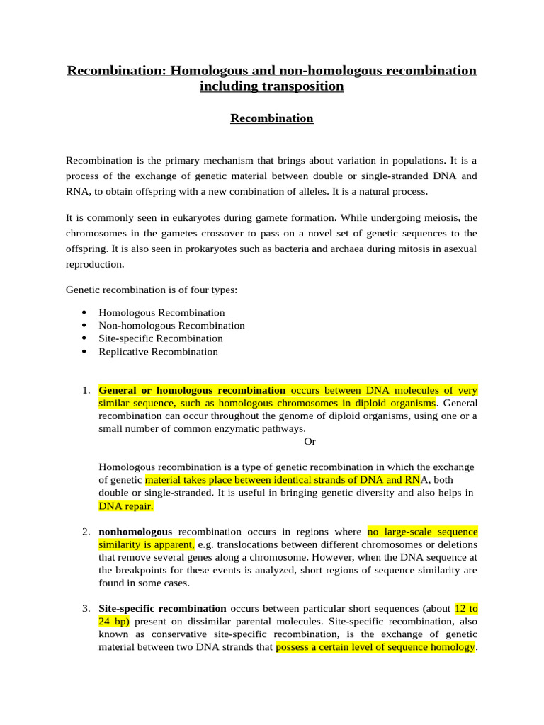 Unit 5 Homologous and Non-homologous Recombination In | PDF | Genetic ...