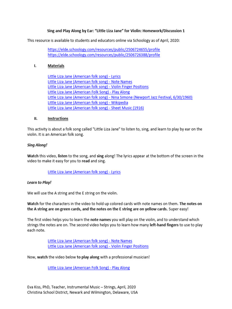 Little Liza Jane American Folk Song Homework 1 - Write | PDF | Violin ...