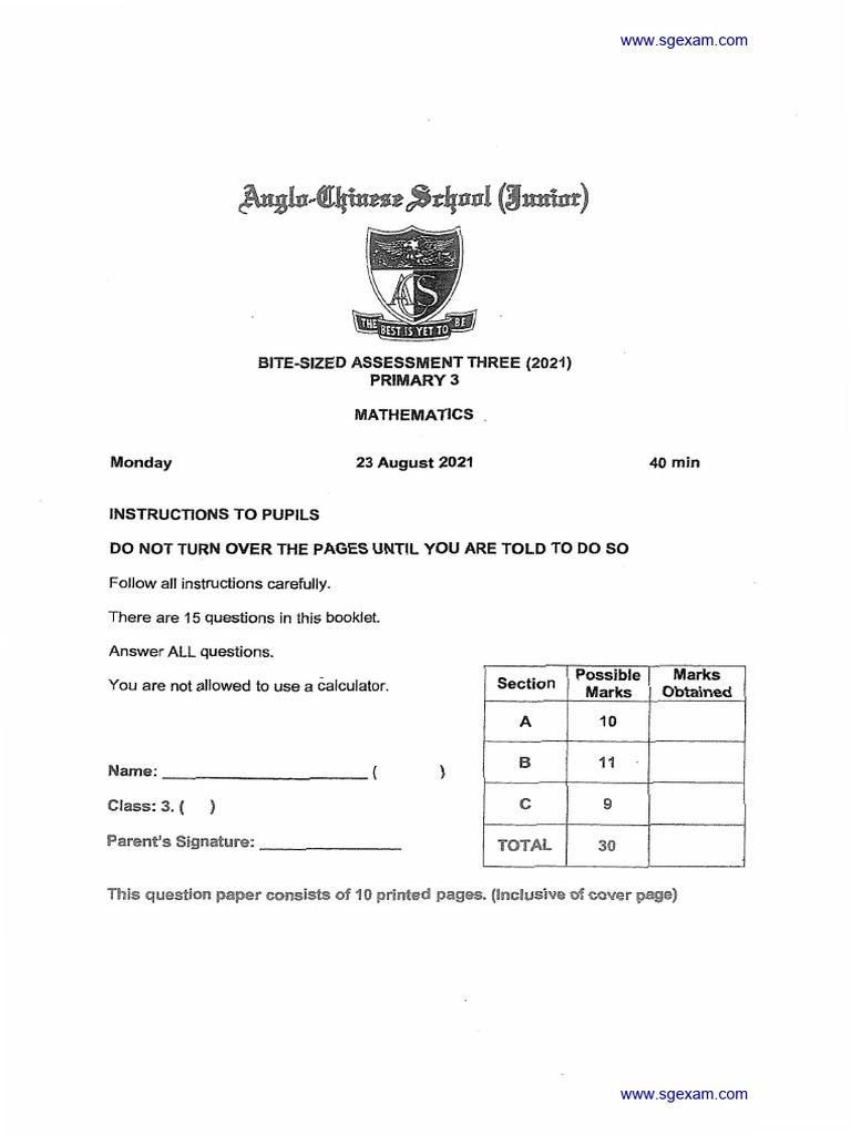 2021 P3 Maths Bite Sized Assessment 3 ACSJ | PDF