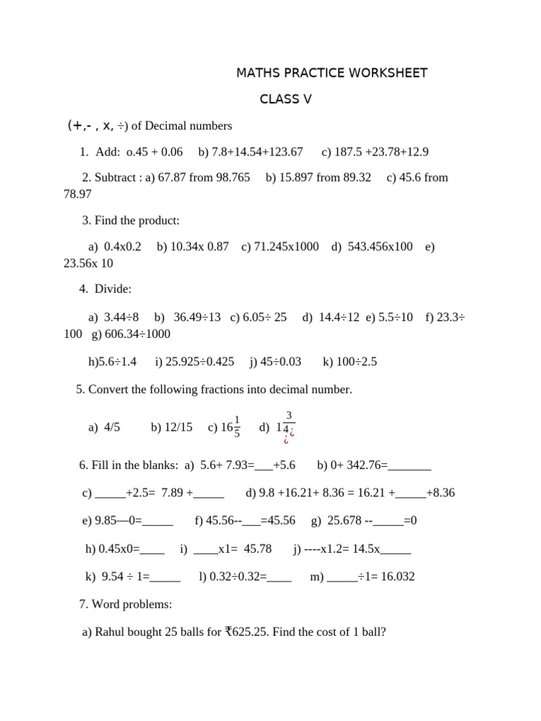 MATHS PRACTICE WORKSHEET Class V | PDF | Percentage | Mathematics