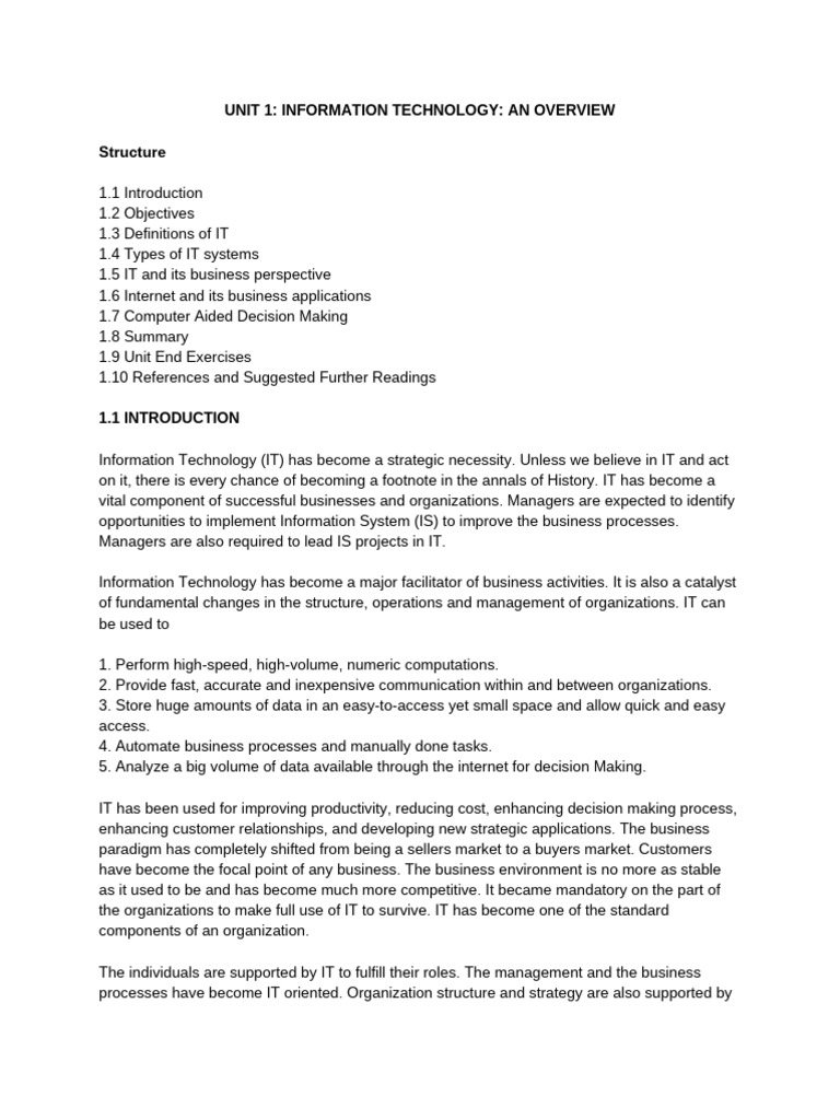 UNIT 1 - INFORMATION TECHNOLOGY - AN OVERVIEW Done | PDF | Computer ...