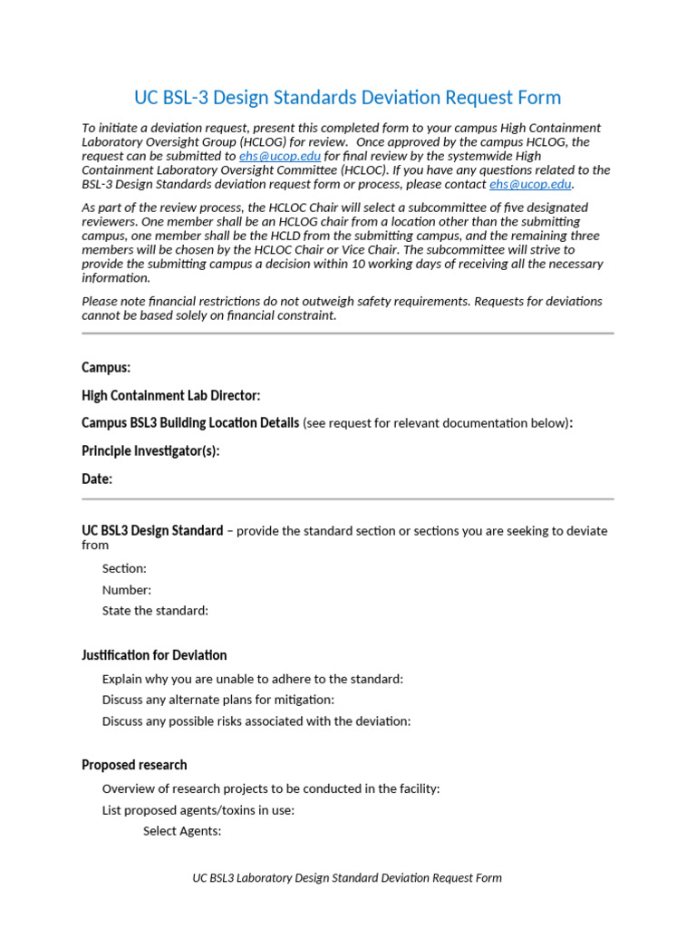 Uc Bsl3 Design Standards Deviation Request Form | PDF | Laboratories