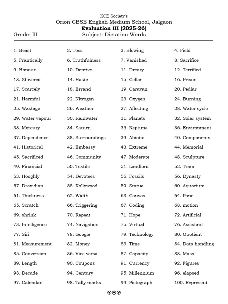 Dictation Words for Grade III 2025-26 | PDF