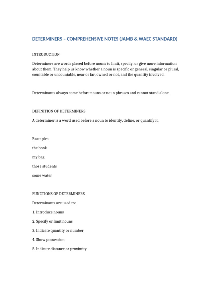 Determiners Comprehensive Notes JAMB WAEC | PDF | Noun | Grammatical Number