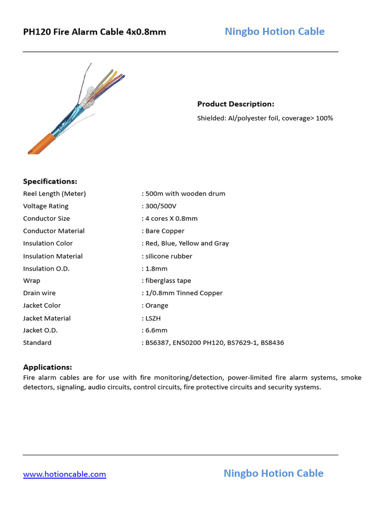 Hotion Fire Alarm Cable PH120 4x0.8 Data Sheet | PDF