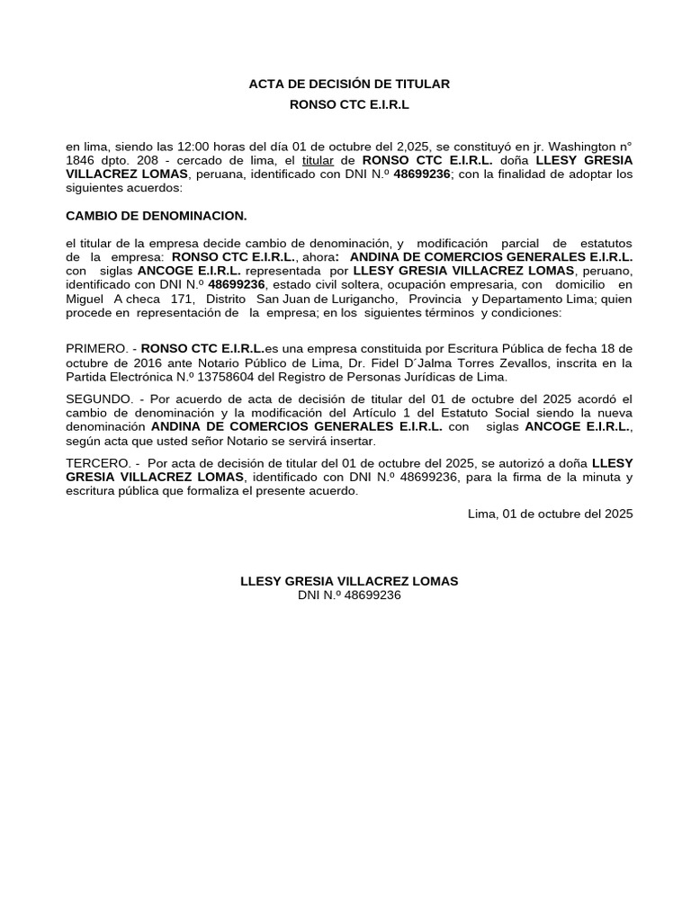 Acta de Decisión de Titular Ronso 2025 (1) | PDF | Documento de ...