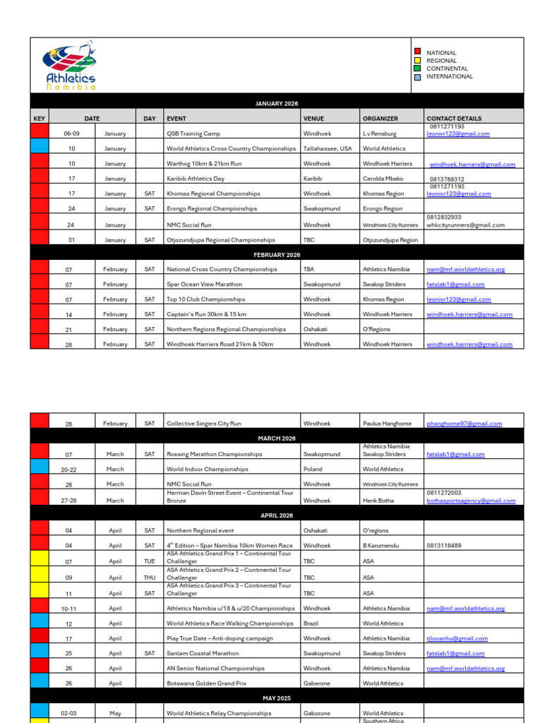 Athletics Namibia Calendar 2026 | PDF | Road Running | Sports