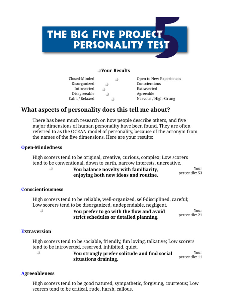 Ocean Personality Results - Big Five Personality Test | PDF ...