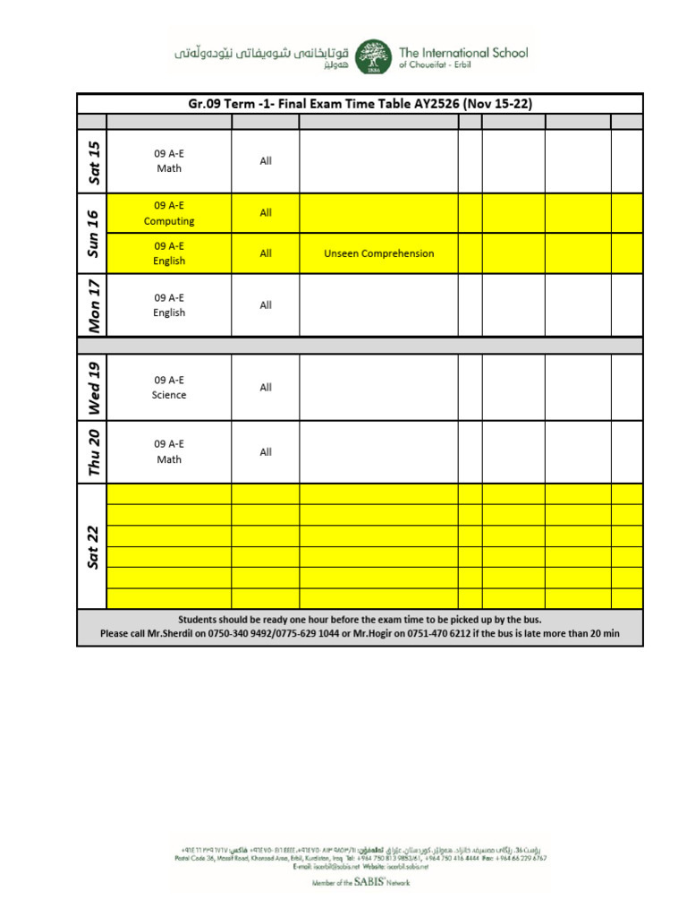 Gr 09 Term -1- Final Exam Time Table AY2526 Nov 15-22 -Updated 12-11 ...