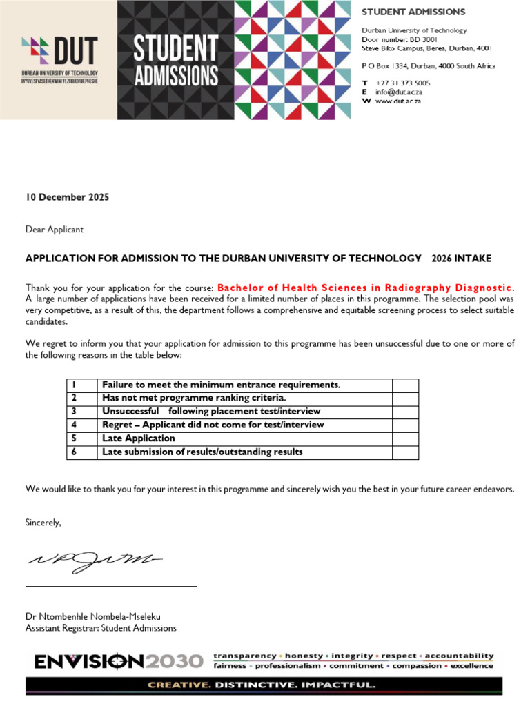 DUT Application Outcome Communication | PDF