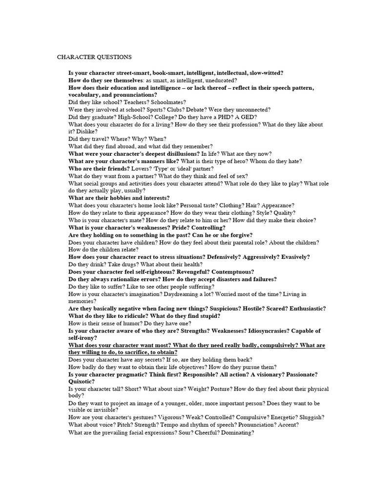 Character Questions | PDF | Behavioural Sciences | Psychology