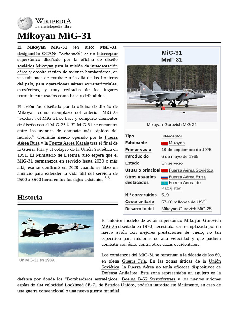 Mikoyan MiG 31 | PDF | Avión de combate | Bombardeo