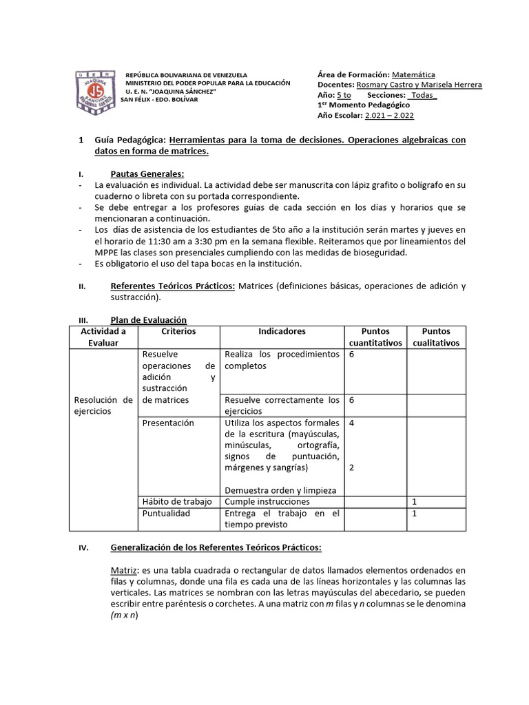 Guía Pedagógica Matemática 5to Año I (2021-2022) (1) | PDF | Matriz ...
