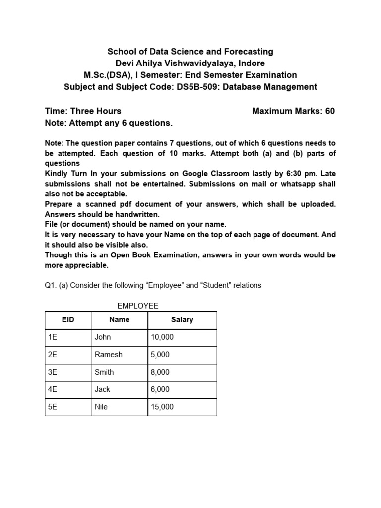 DBMS End Semester Examination | PDF | Databases | Relational Model