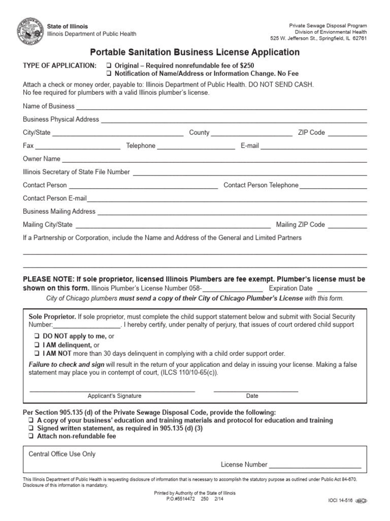 Applicationfor Portable Sanitation Business License Form 042216 | PDF