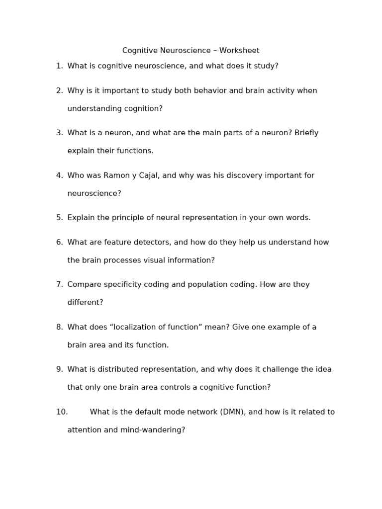Cognitive Neuroscience Worksheet | PDF