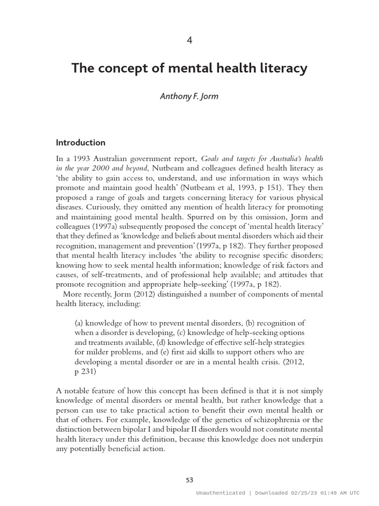 The Concept of Mental Health Literacy | PDF | Mental Health | Mental ...